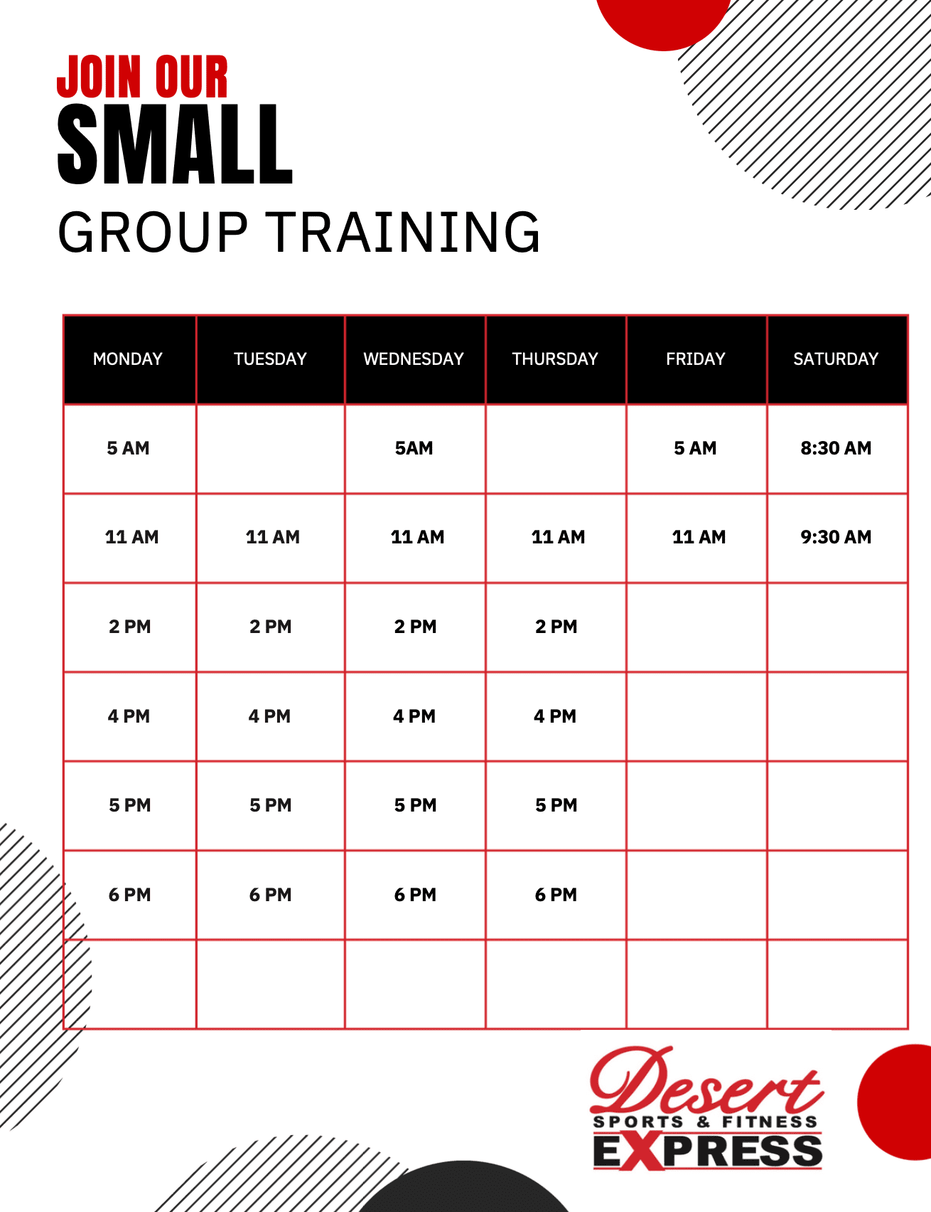 Small Group Training Schedule - Desert Sports and Fitness